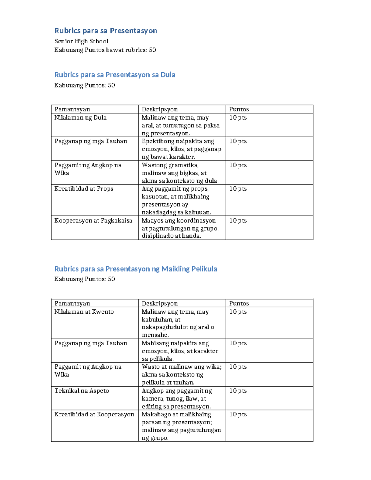 Rubrics para sa Presentasyon: Dula at Maikling Pelikula - Studocu