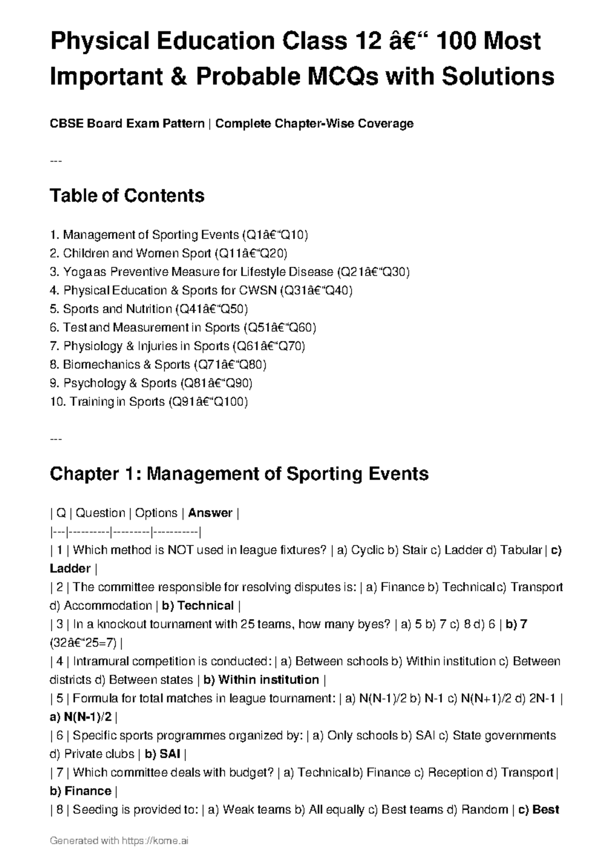 CBSE Class 12 Physical Education: 100 Important MCQs with Solutions ...