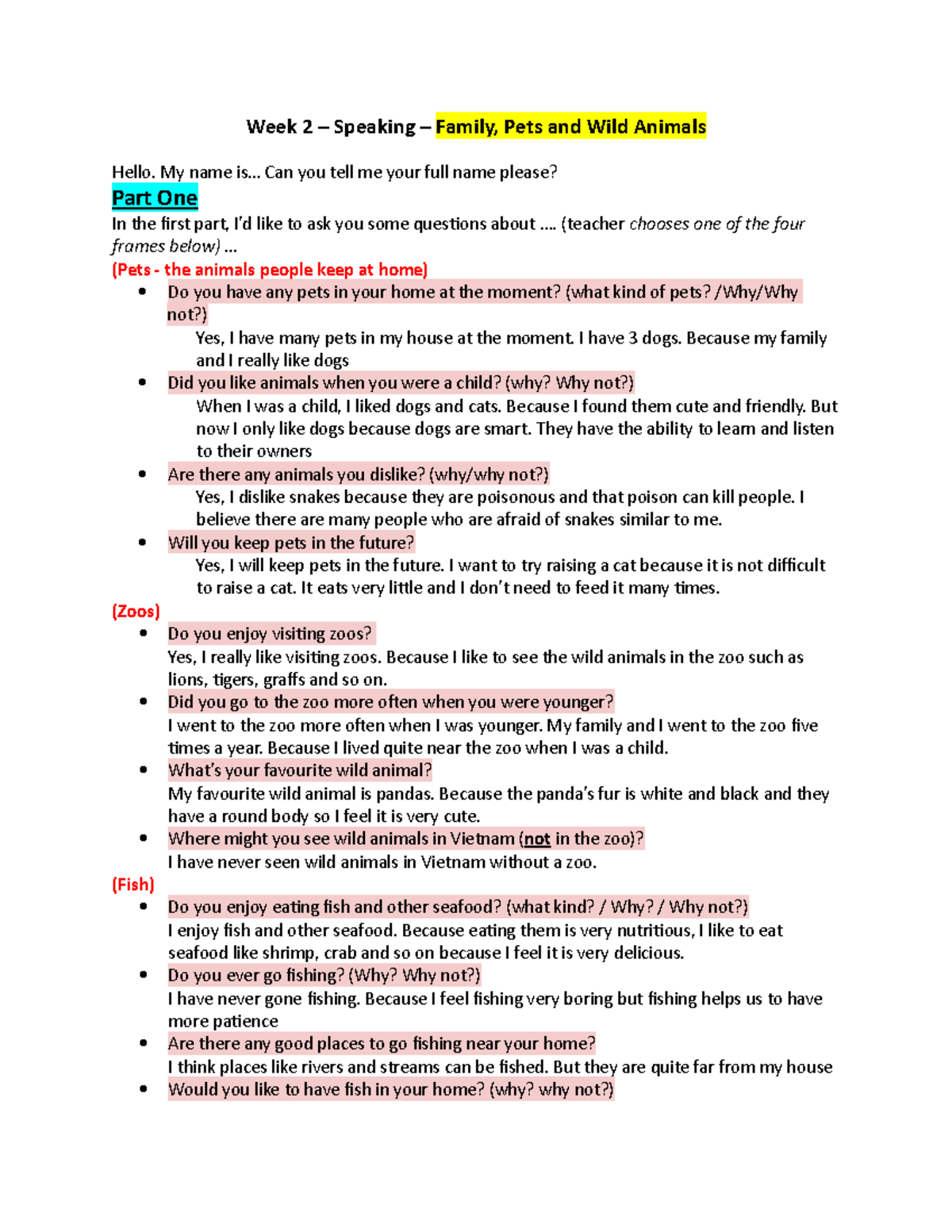 Speaking Family Pets and Wild Animals - Week 2 – Speaking – Family ...