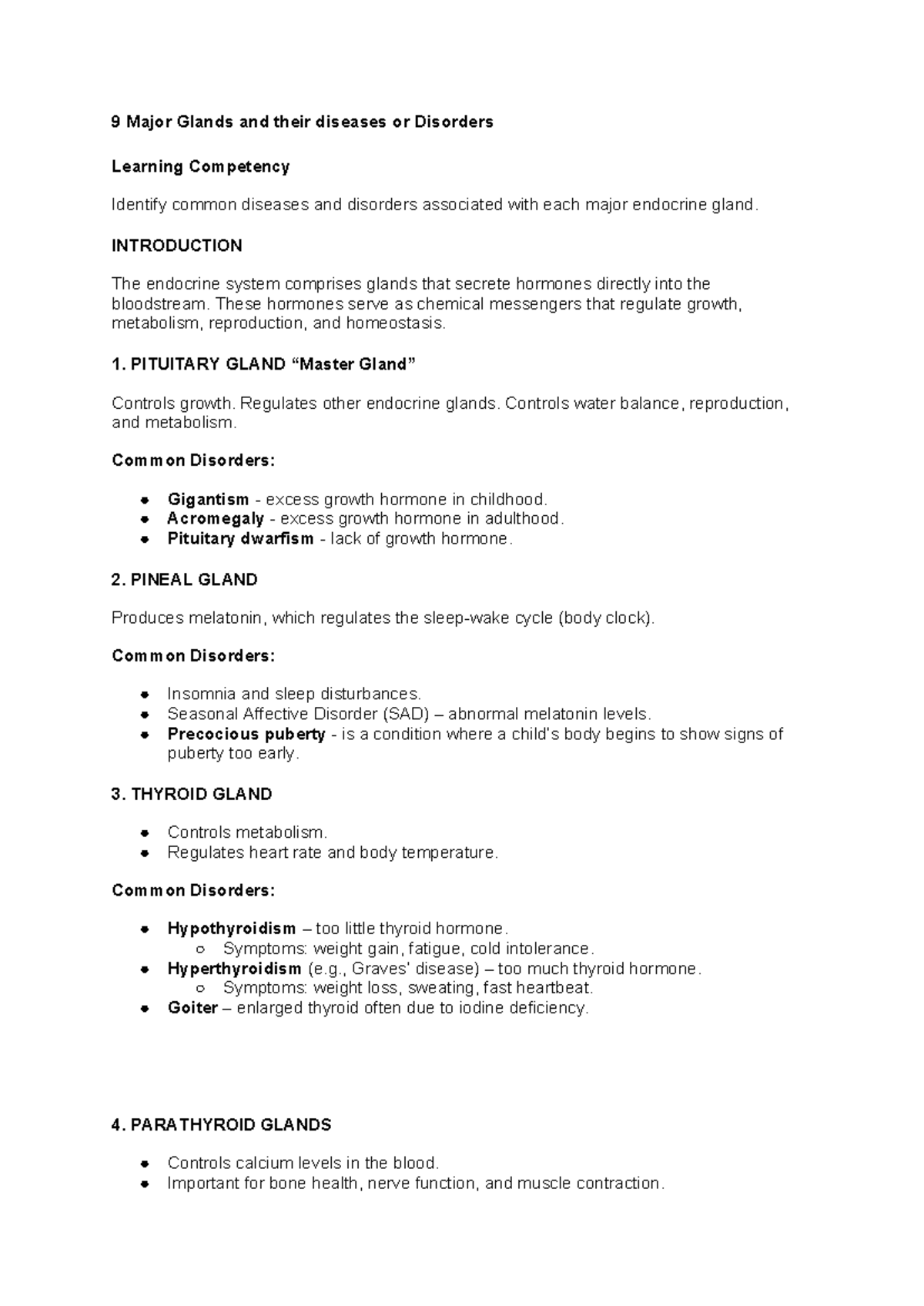 Science 7th: Major Endocrine Glands & Associated Disorders - Studocu