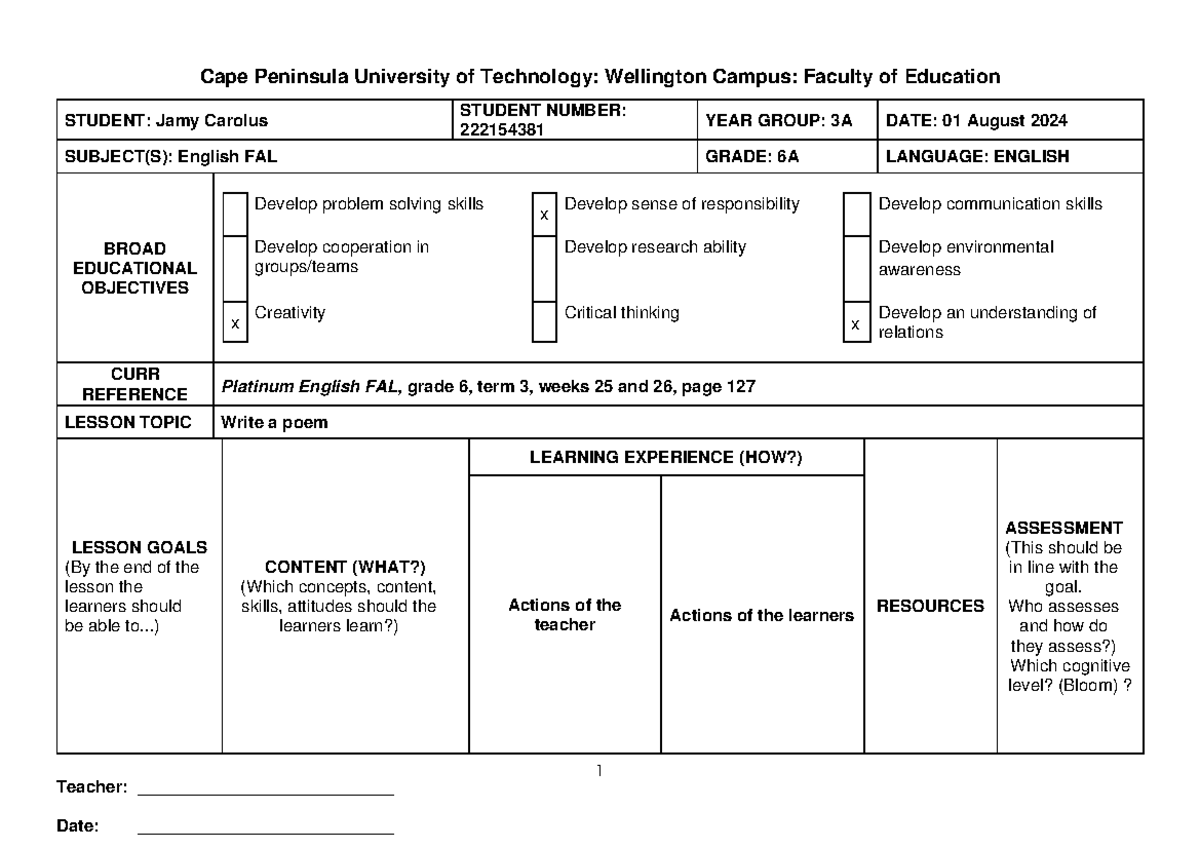 English Lesson Plan - Write a poem - 1 Cape Peninsula University of ...