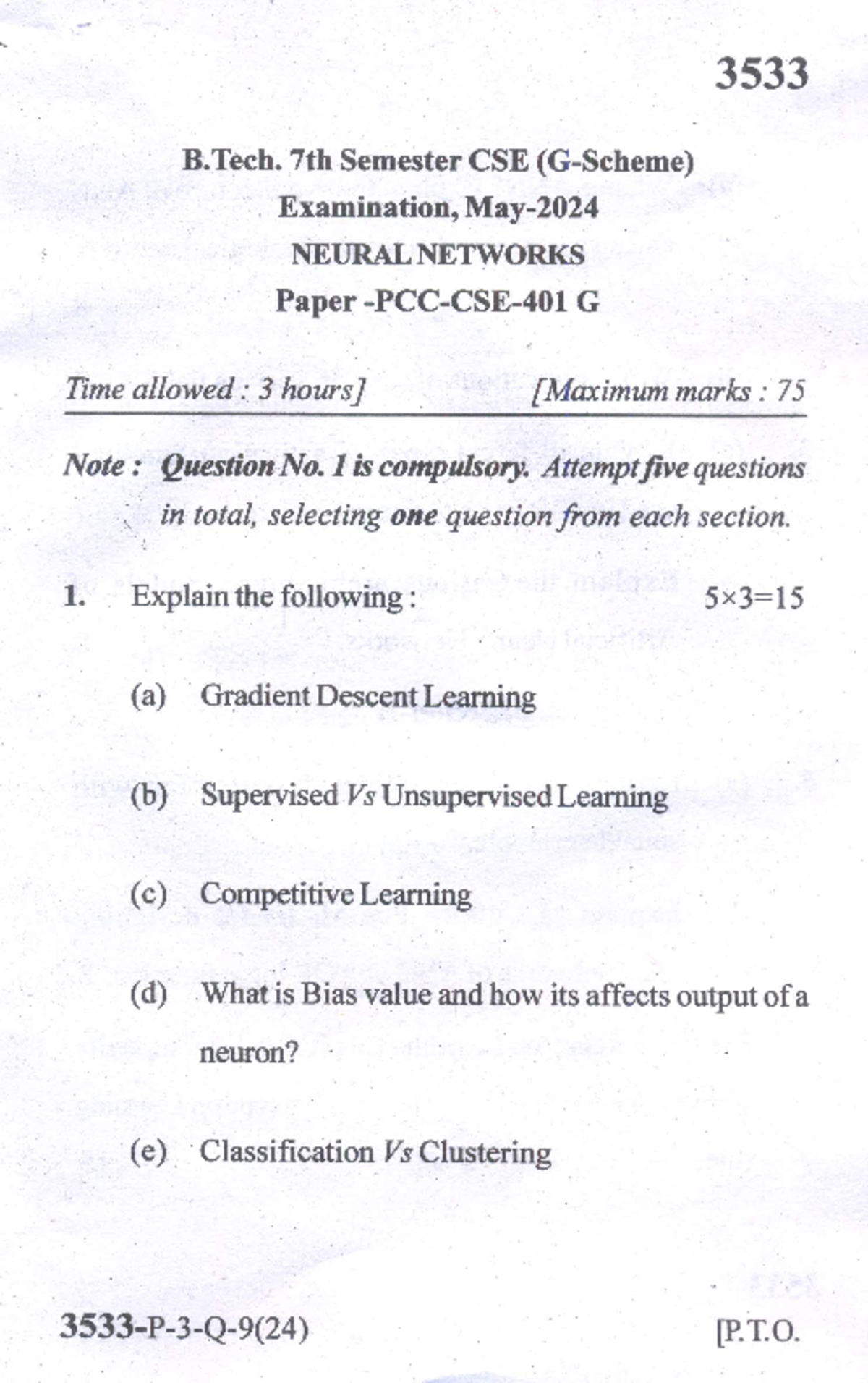 2024 G Neural Networks - 7th Sem CSE Exam Question Paper - Studocu