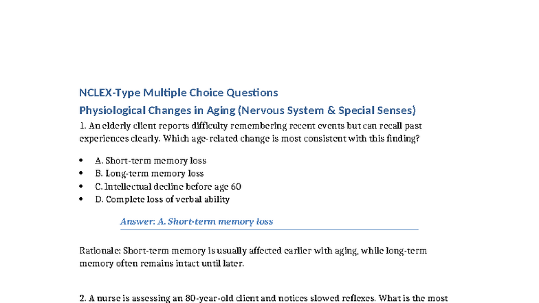 NCLEX Multiple Choice Questions on Aging: Nervous System Changes - Studocu