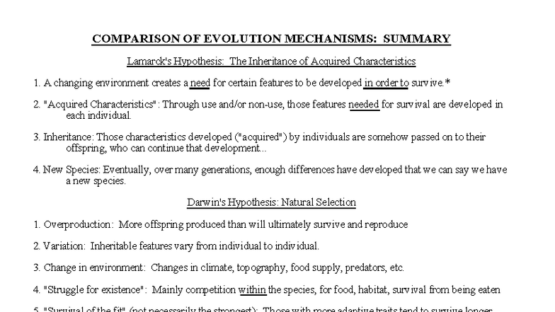 Comparison of Evolution Mechanisms: Lamarck vs. Darwin - Studocu