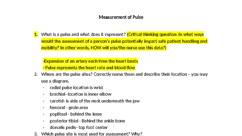 Pre Lab: Measuring Pulse in Nursing (NUR 101) - Studocu