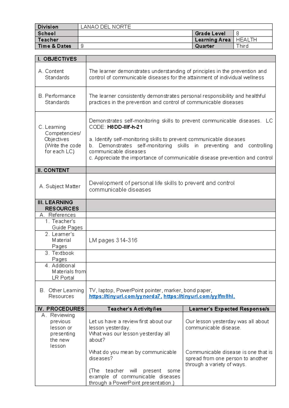 Grade 9 Health Lesson Plan: Communicable Disease Prevention - Studocu