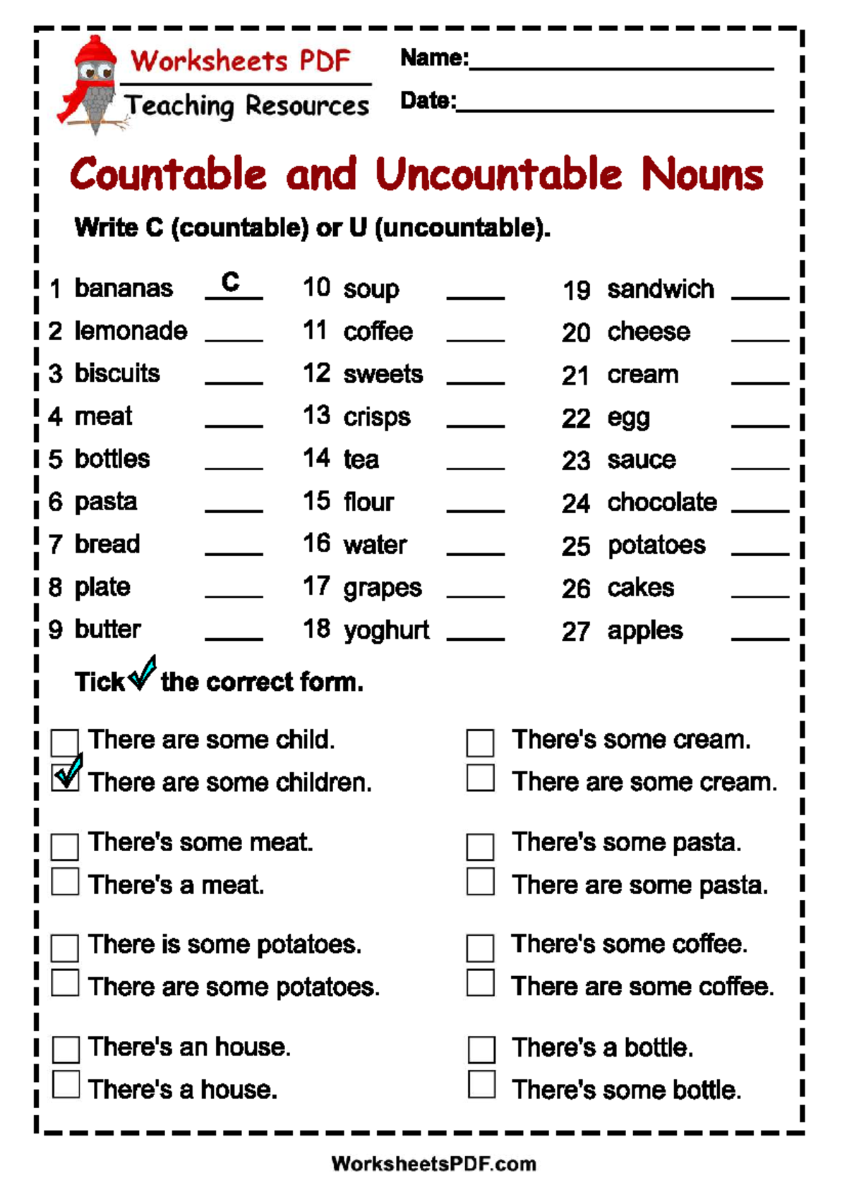 Countable and Uncountable Nouns Exercise (ENG101) - Studocu