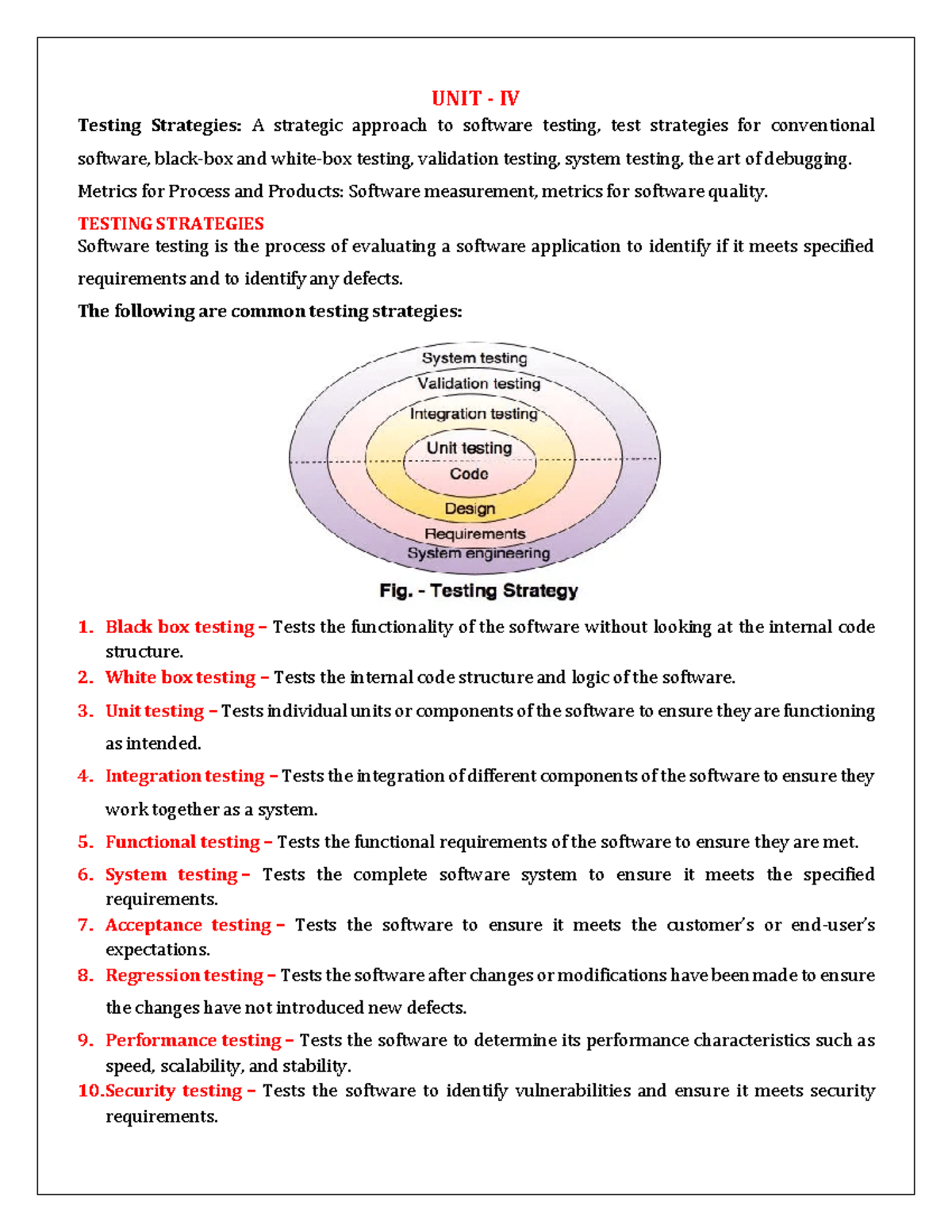 SE UNIT IV: Comprehensive Testing Strategies and Metrics for Software ...