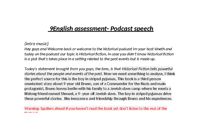 9ENG Historical Fiction Analysis: The Boy in the Striped Pyjamas - Studocu