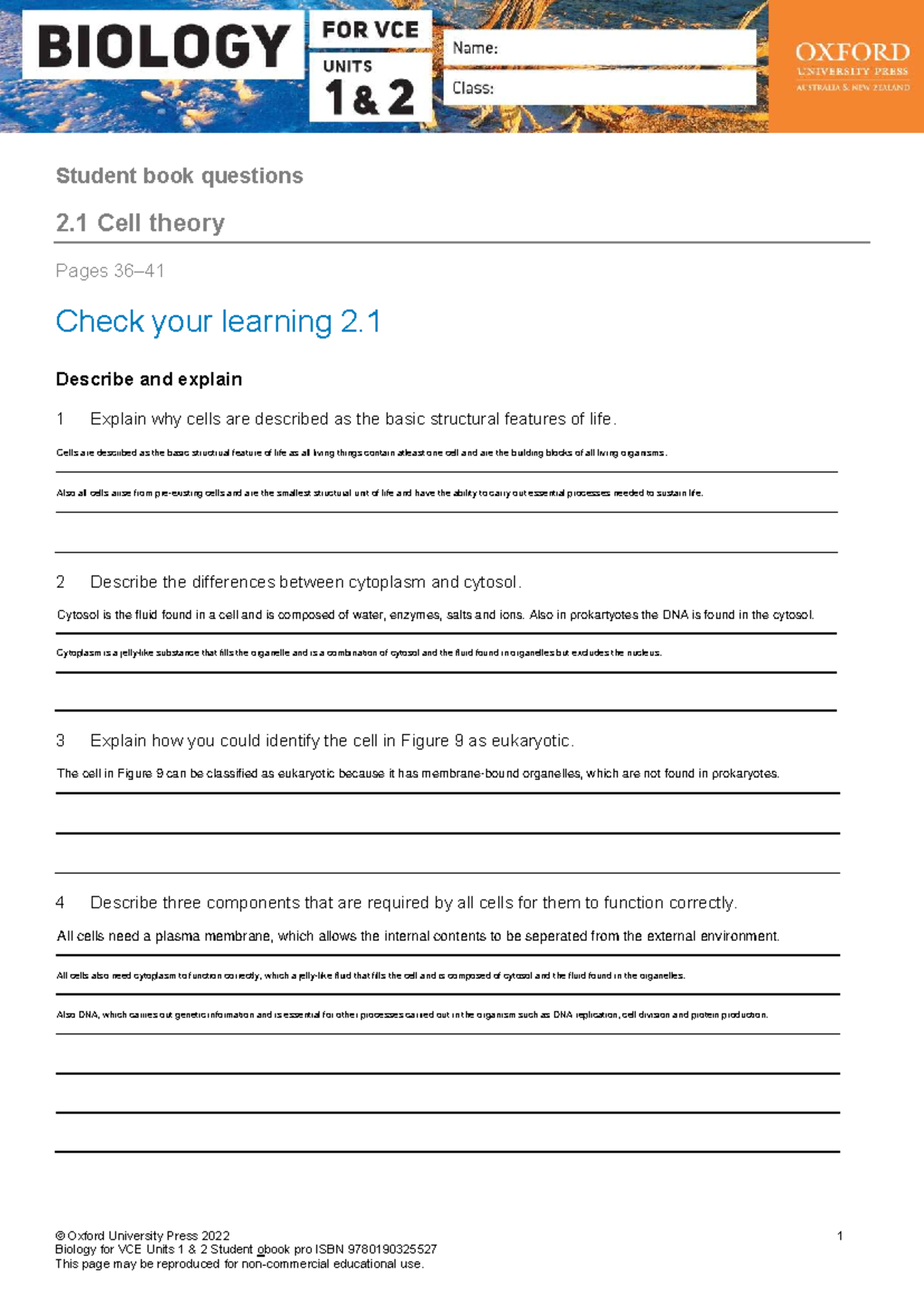 VCE Biology Unit 1 & 2: Cell Theory Study Questions - Studocu