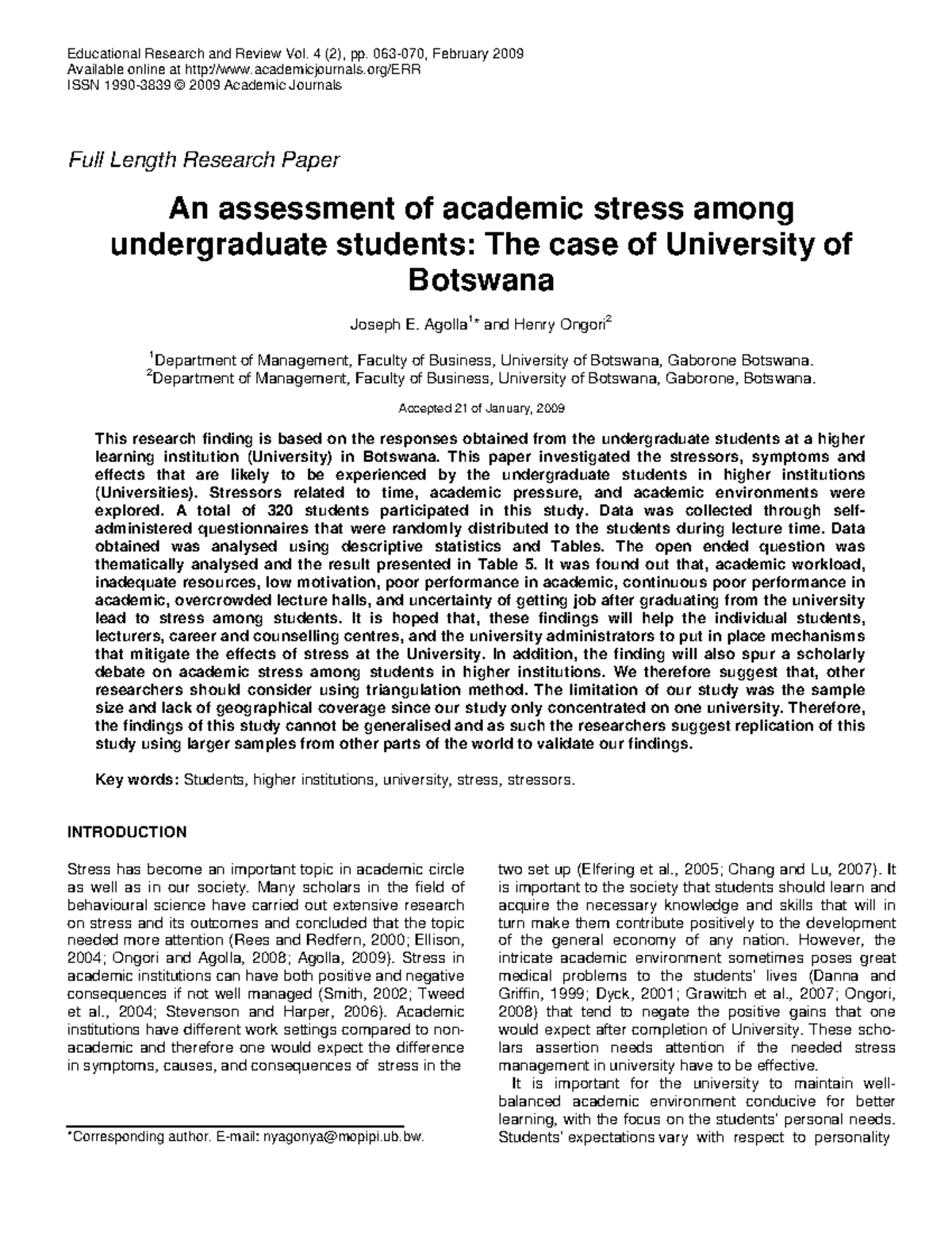 Assessing Academic Stress Among Undergrads at U Botswana: Agolla ...