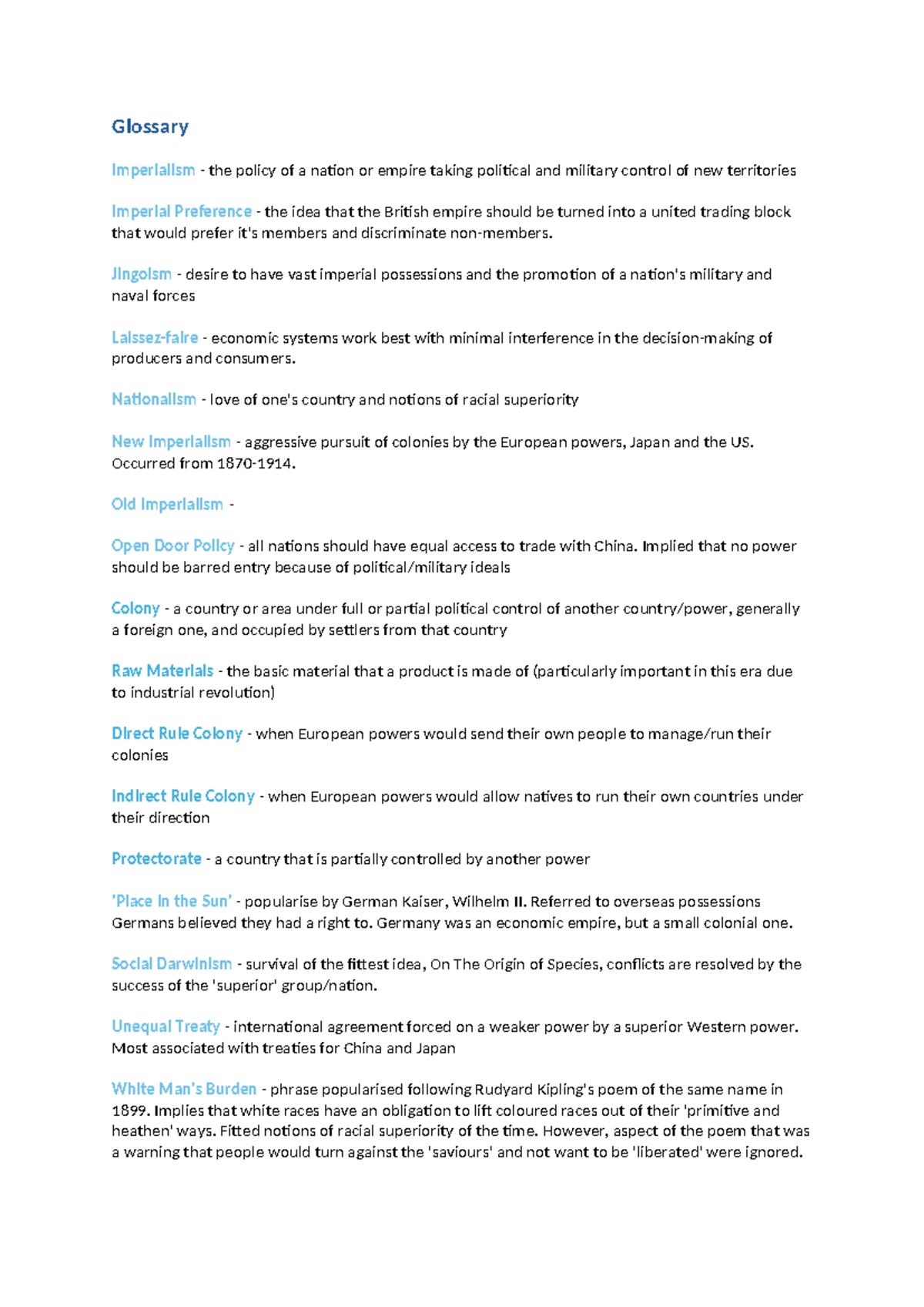 Glossary of Imperialism Terms and Concepts - Studocu