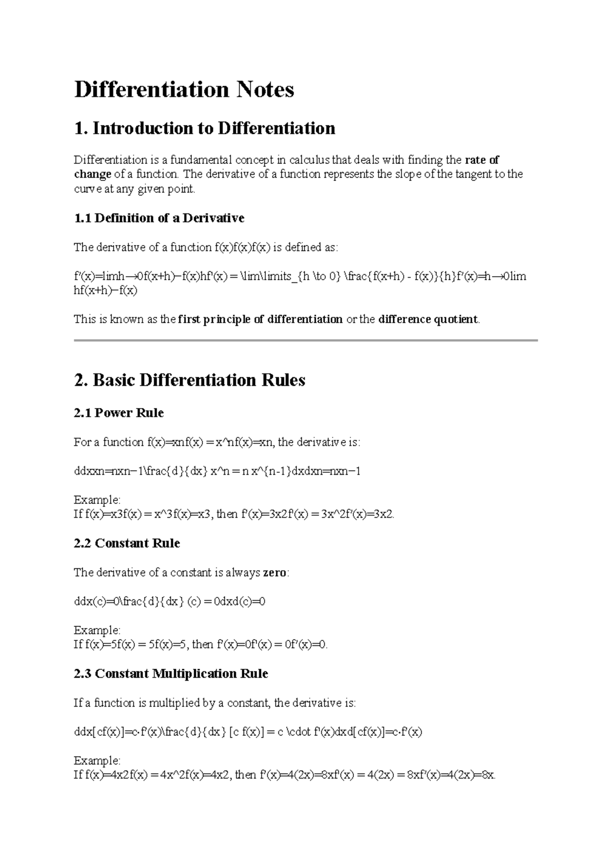 MATH 101: Comprehensive Differentiation Notes and Applications - Studocu