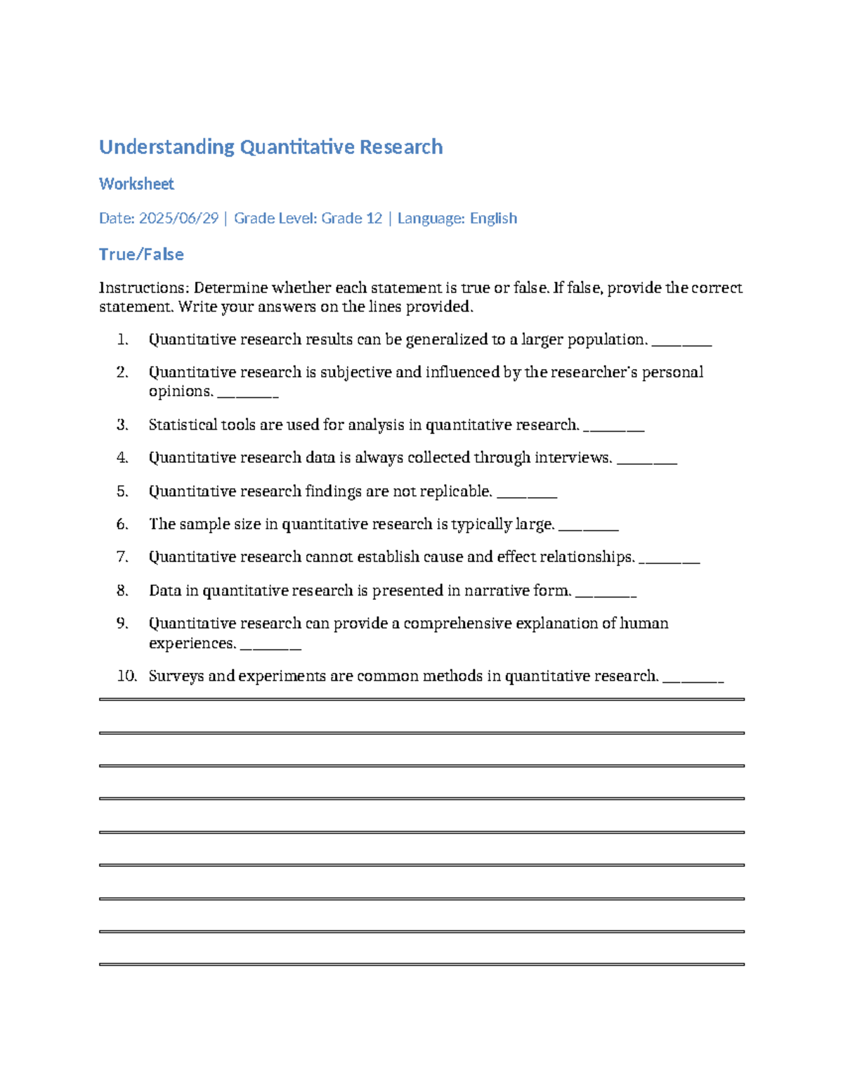 Grade 12 Quantitative Research Worksheet - True/False & MCQs - Studocu