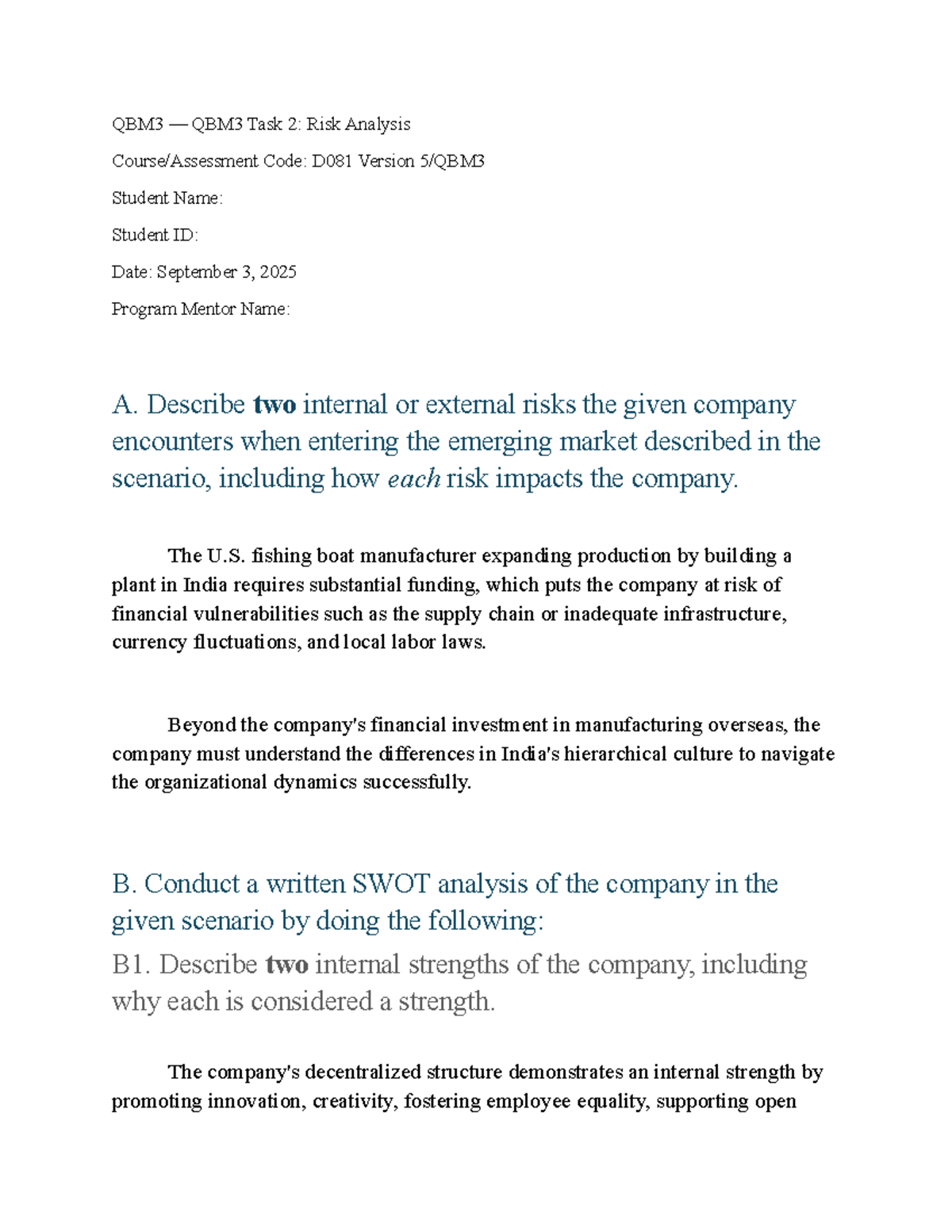 QBM3 Task 2: Risk Analysis & SWOT for U.S. Fishing Boat Co. - Studocu