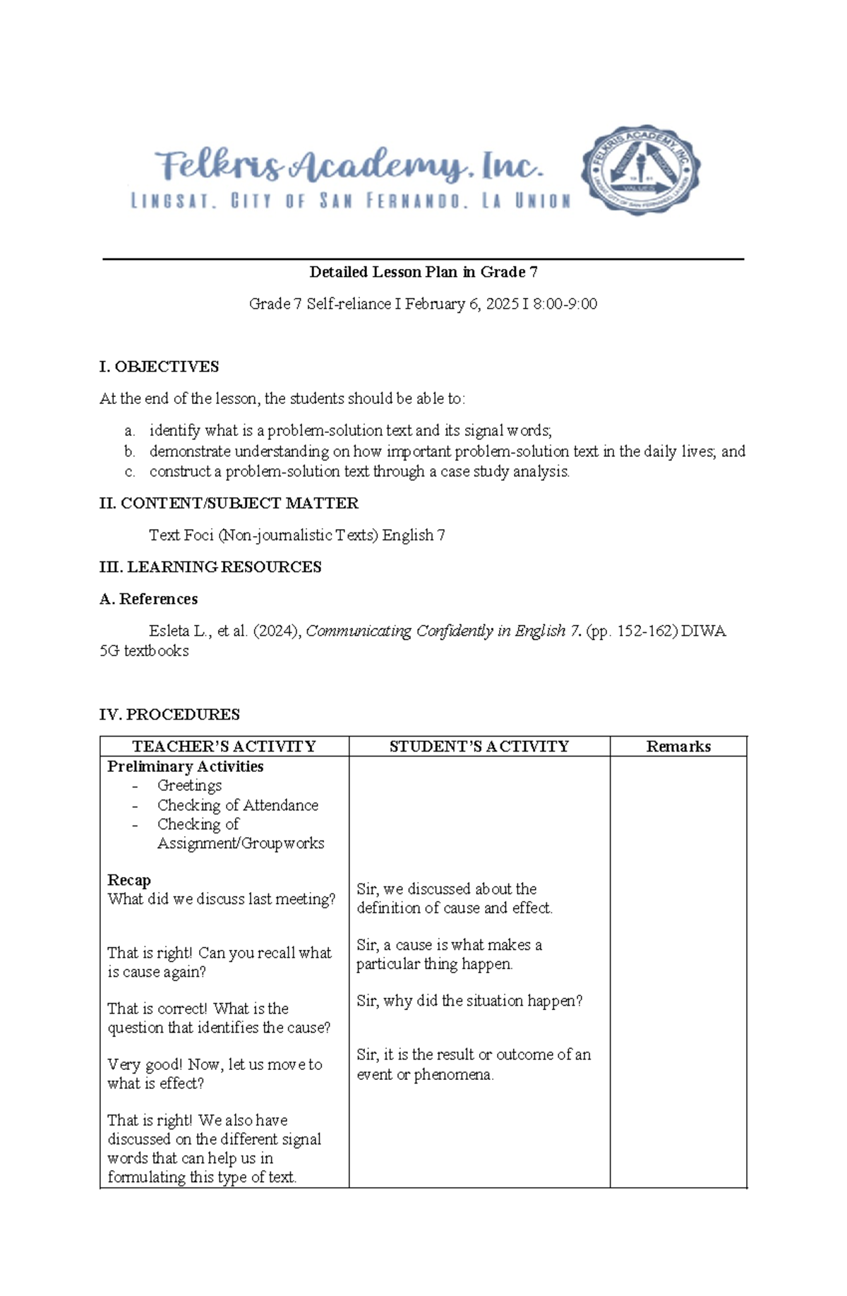 DLP 4: Grade 7 Lesson Plan on Problem and Solution Texts - Studocu