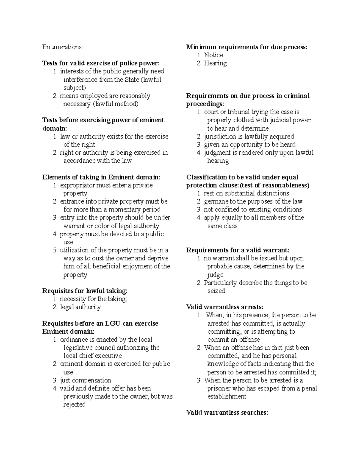 Consti 2 Enumeration Review for First Exam: Police Power & Eminent ...