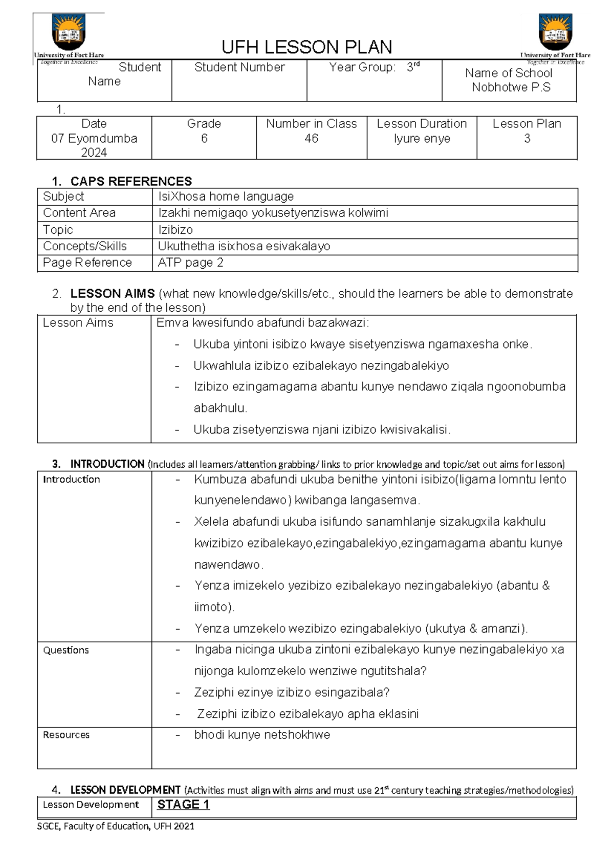 Isixhosa Lesson Plan for Grade 4 - 2024 Curriculum Guide - Studocu