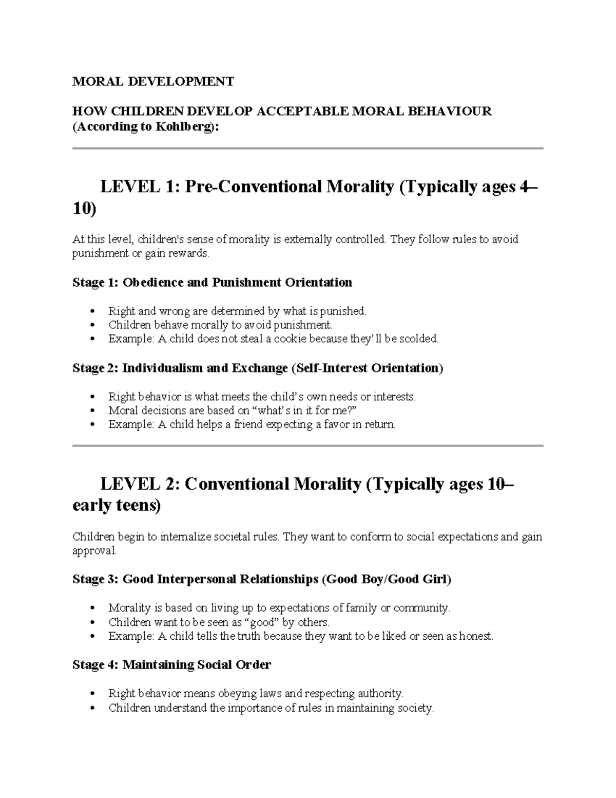 Moral Development in Children: Understanding Kohlberg's Stages - Studocu