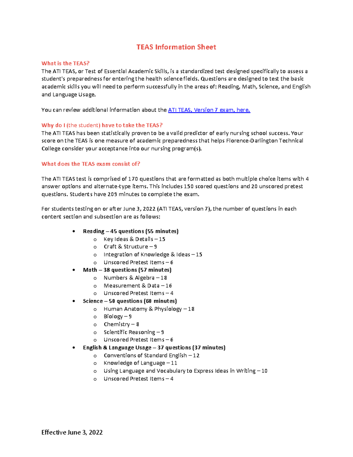 TEAS Info Sheet - 7th Edition (Version 6) - June 2022 Guide - Studocu