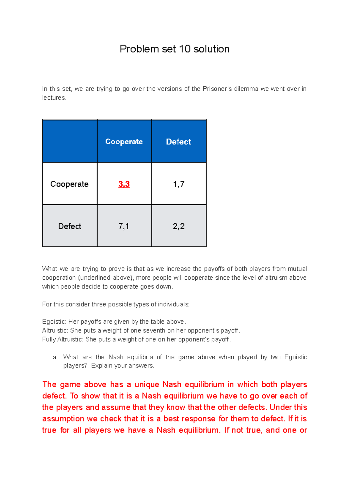 Problem Set 10 Solutions: Analyzing the Prisoner's Dilemma Dynamics ...