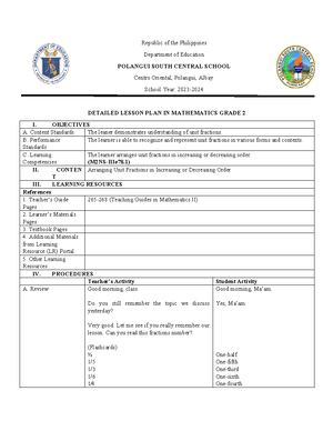 DLP IN MATH 2 DEMO 2 - detailed lesson plan in grade 2. comparing ...
