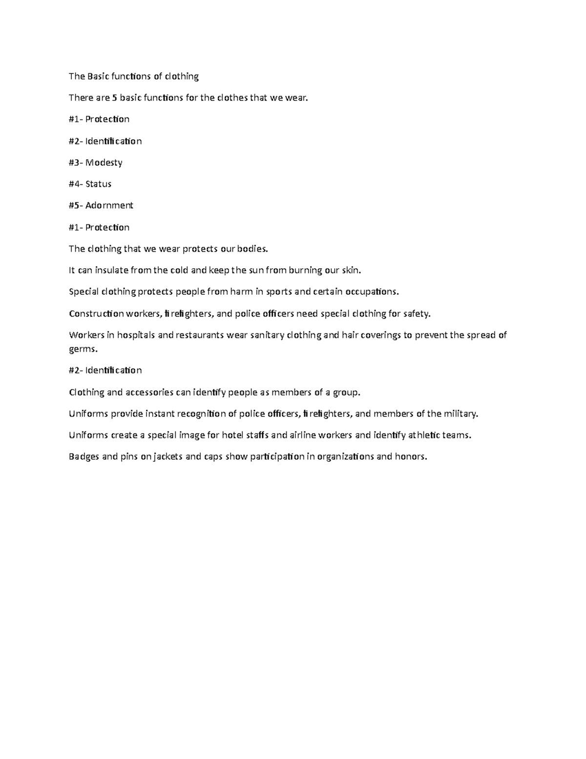Basic Functions of Clothing: Protection, Status & Identification Notes ...