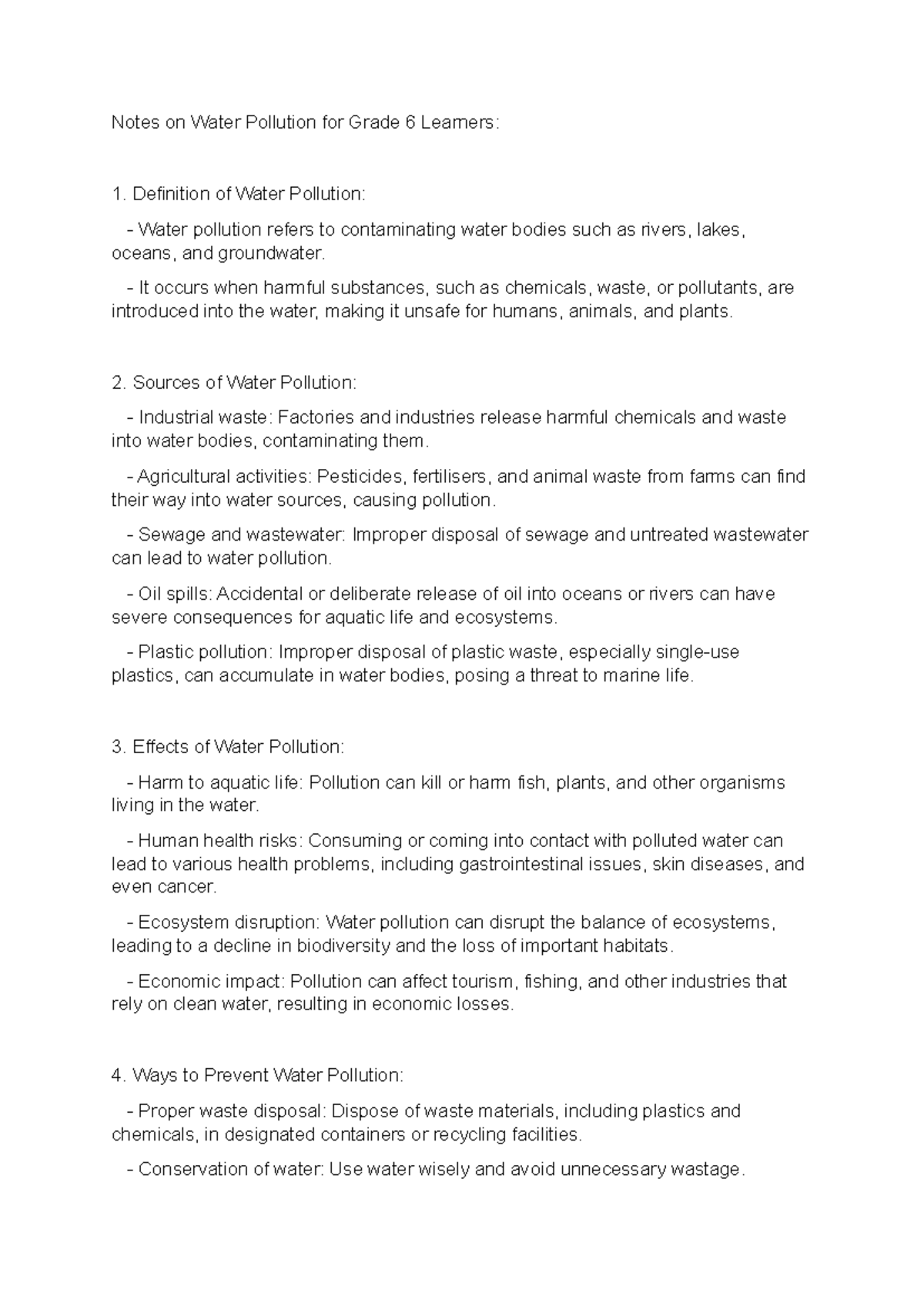 Grade 6 Water Pollution Study Notes: Causes, Effects & Prevention - Studocu