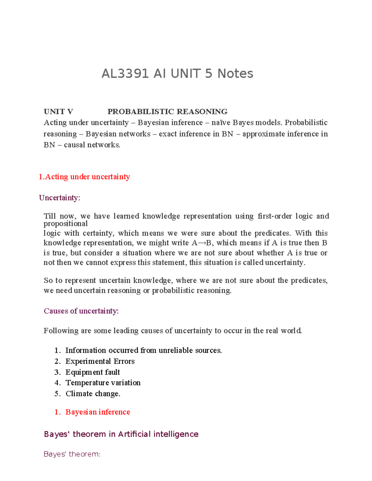 AI AL3391 UNIT 5 Notes: Probabilistic Reasoning & Bayesian Inference ...