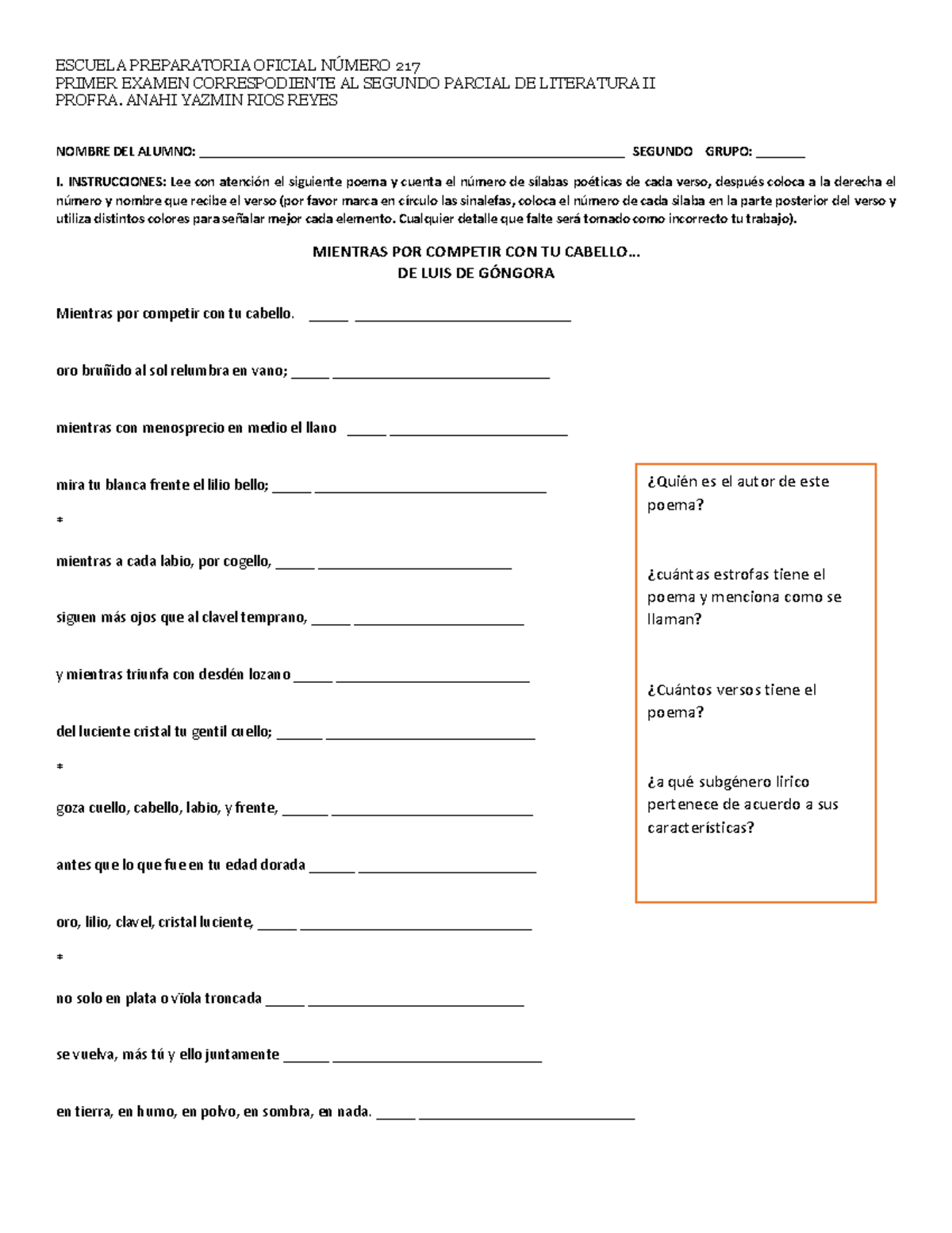 Examen POESÍA Y TEXTOS LIRICOS PARA SEGUNDO GRADO DE BACHILLERATO ...