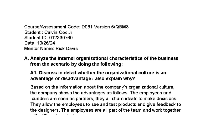 QBM3 Task 1 - Analyzing Organizational Culture & Structure in Business ...