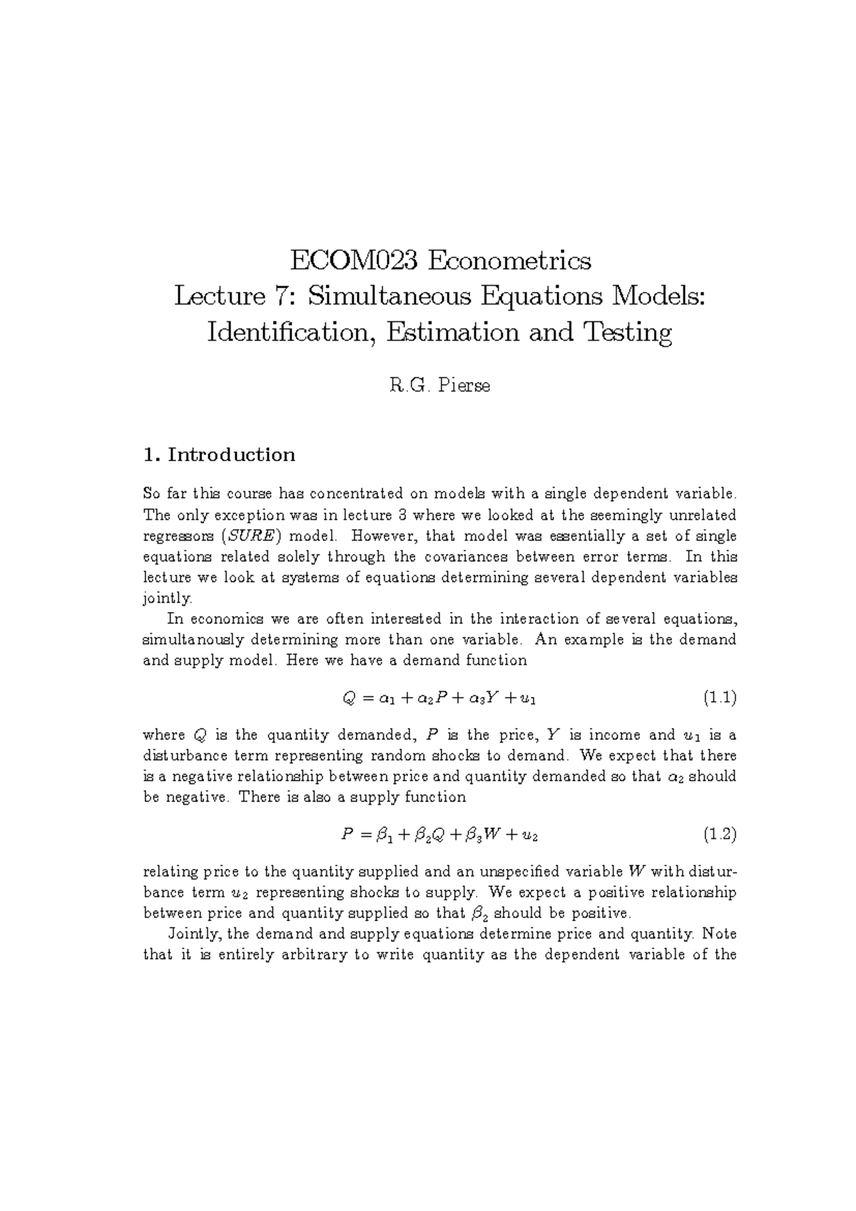 Ec7 - lecture notes - ECOM023 Econometrics Lecture 7: Simultaneous ...