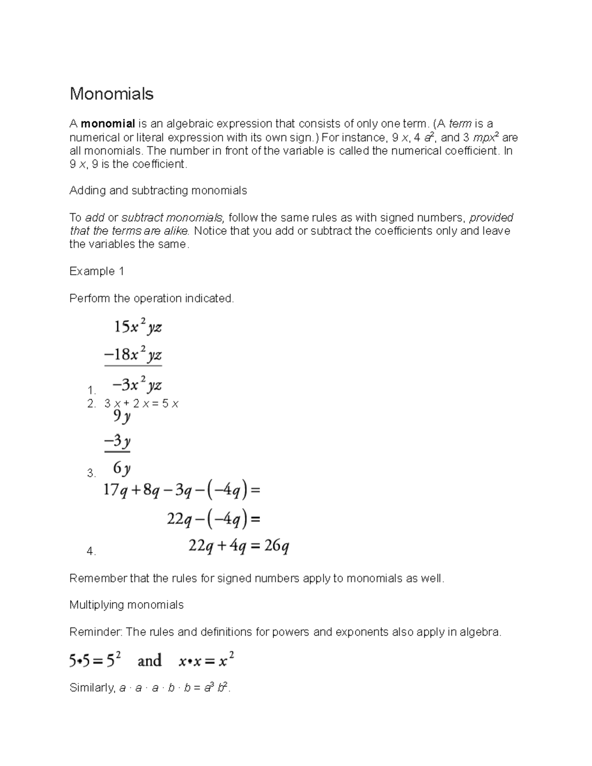 Monomials - Comprehensive Study Notes for Algebra Concepts - Studocu
