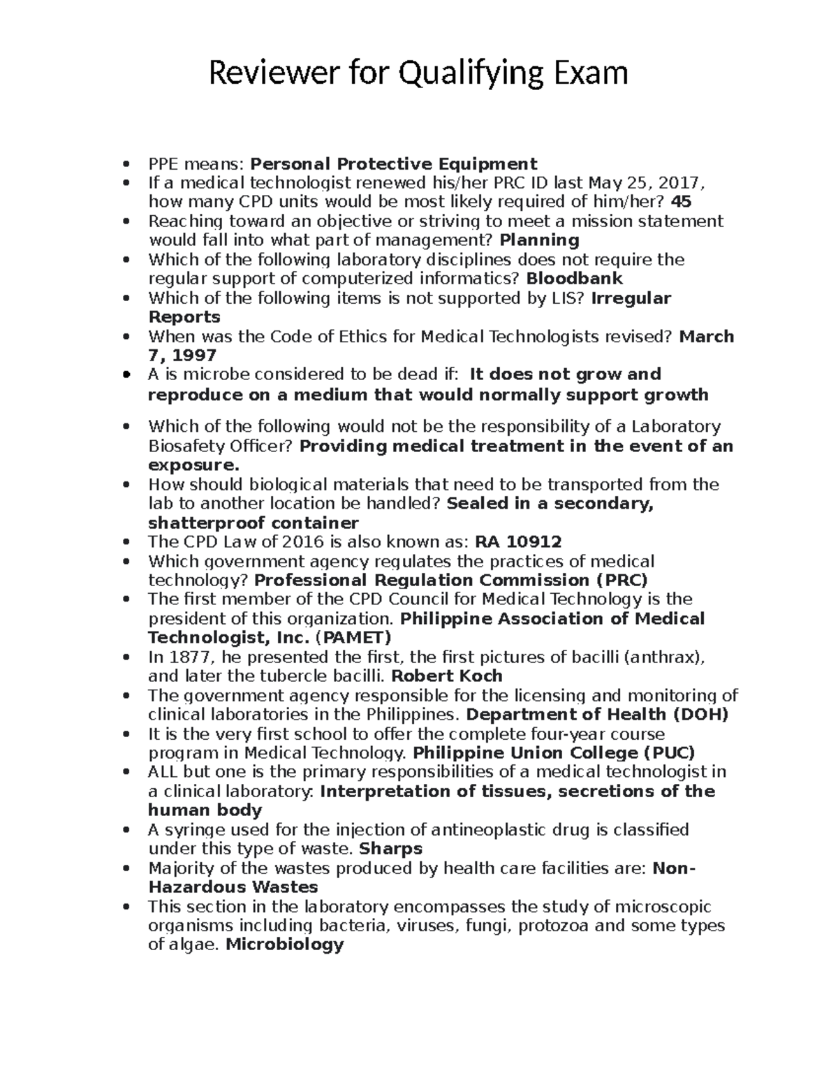 Qualifying Exam Review for Medical Technology Students - Studocu