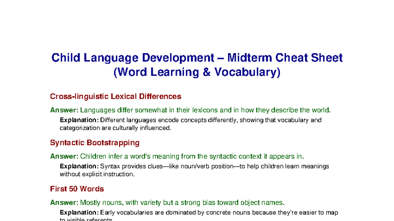 Child Language Development Midterm Cheat Sheet: Word Learning Insights - Studocu