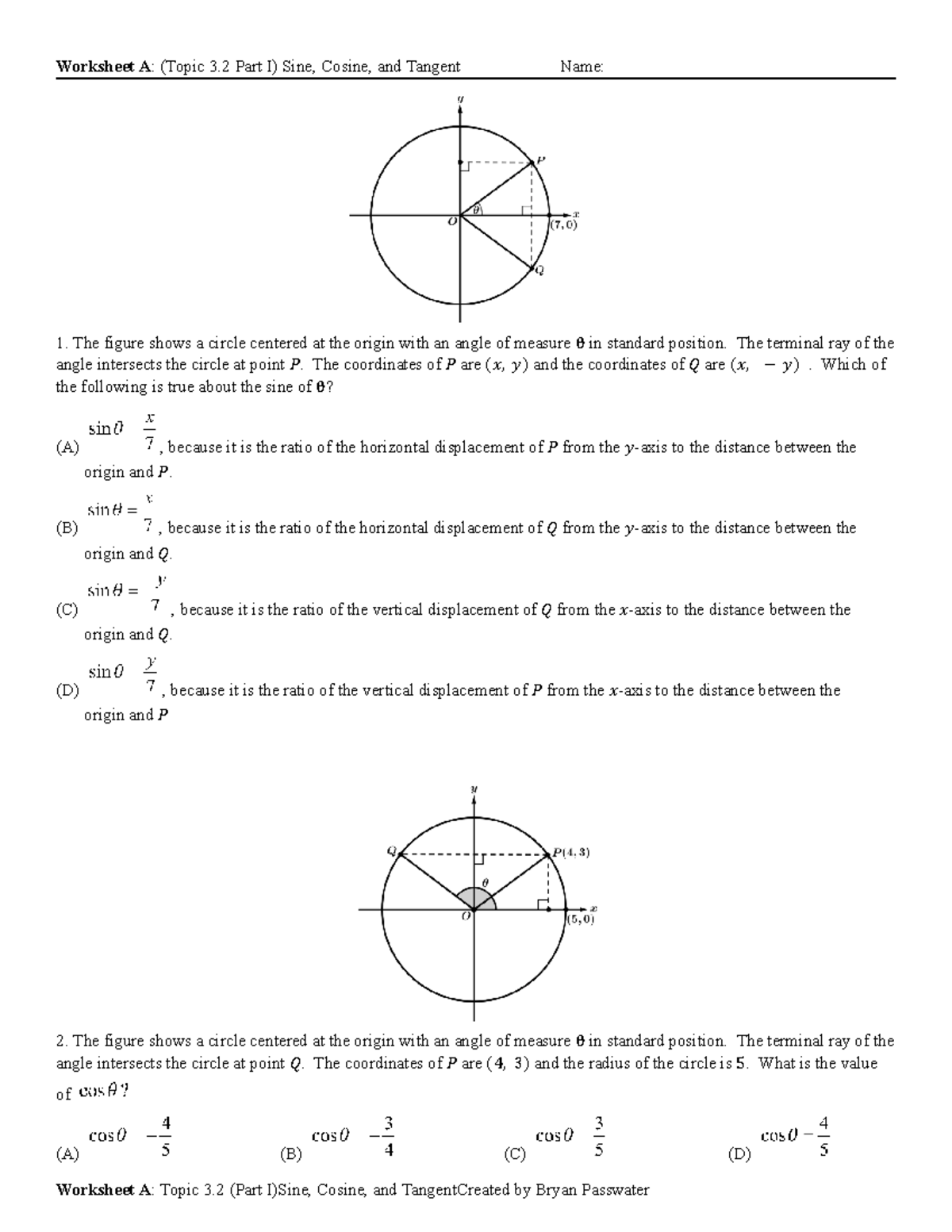 Worksheet A: Topic 3.2 Part I - Sine, Cosine, and Tangent Analysis ...