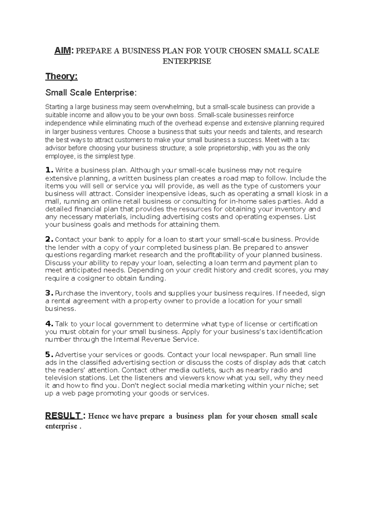 AIM: Business Plan Development for Small Scale Enterprise (21) - Studocu