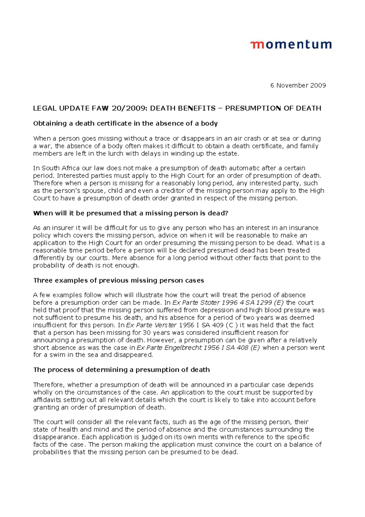 Legal Update 2009: Presumption of Death & Death Benefits - Studocu