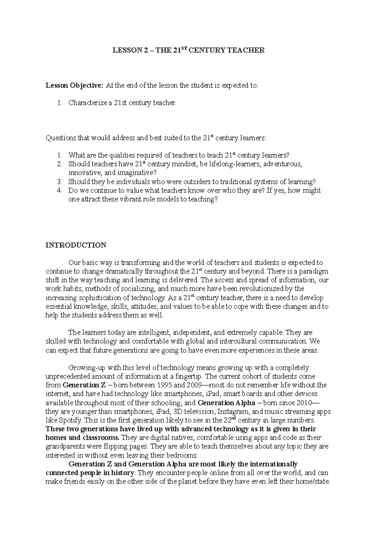 Chapter 2: Lesson 2 - Characteristics of the 21st Century Teacher - Studocu