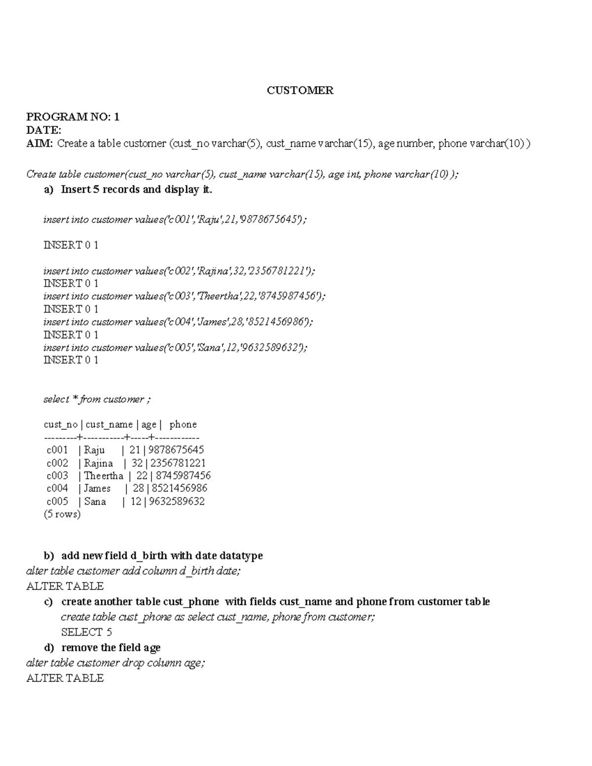 DBMS Lab Exercises - RDBMS Programming for BCA Students - Studocu
