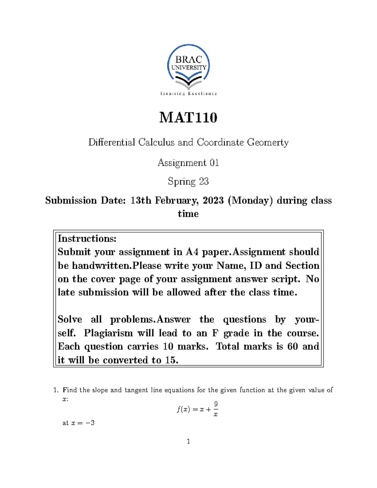 MAT110 Differential Calculus & Geometry Assignment 01 - Spring 23 - Studocu