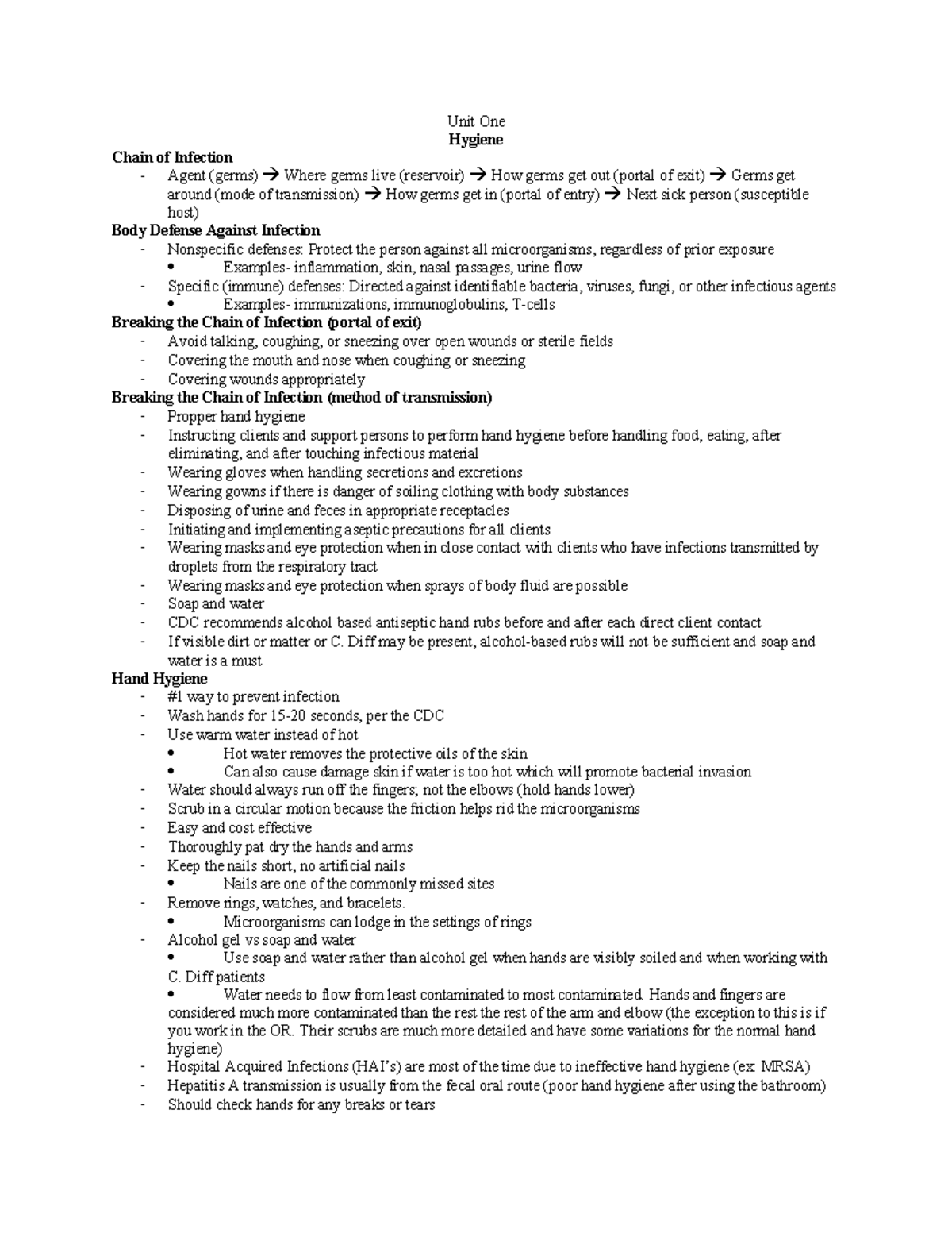 Unit One - lecture notes - Unit One Hygiene Chain of Infection - Agent ...