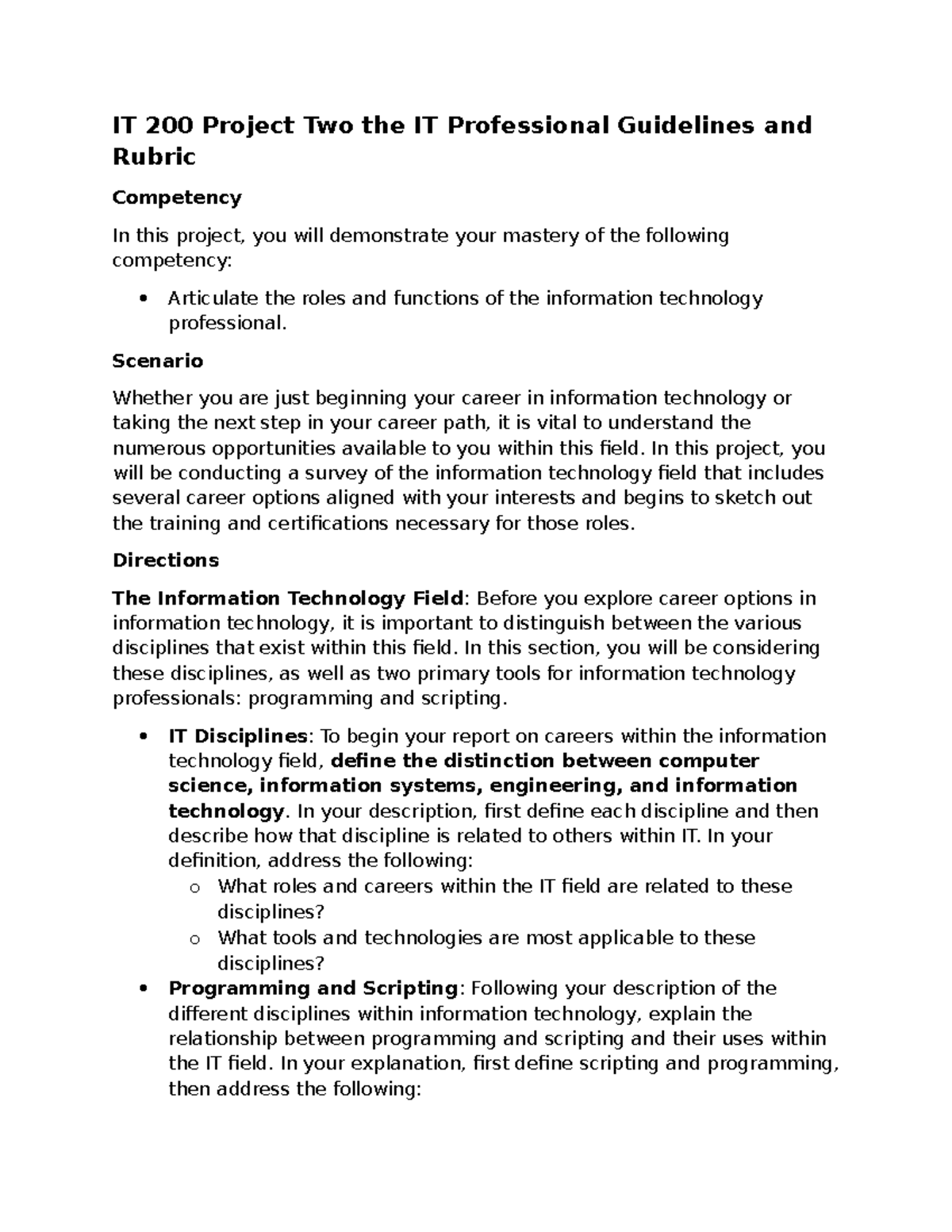 IT 200 Project Two: Guidelines for IT Professional Career Pathways ...