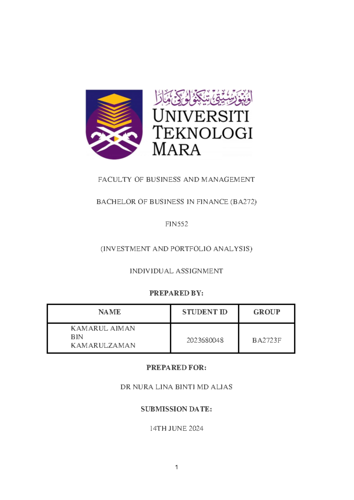 FIN552 Individual Assignment: Insights from Investment Game Experience ...