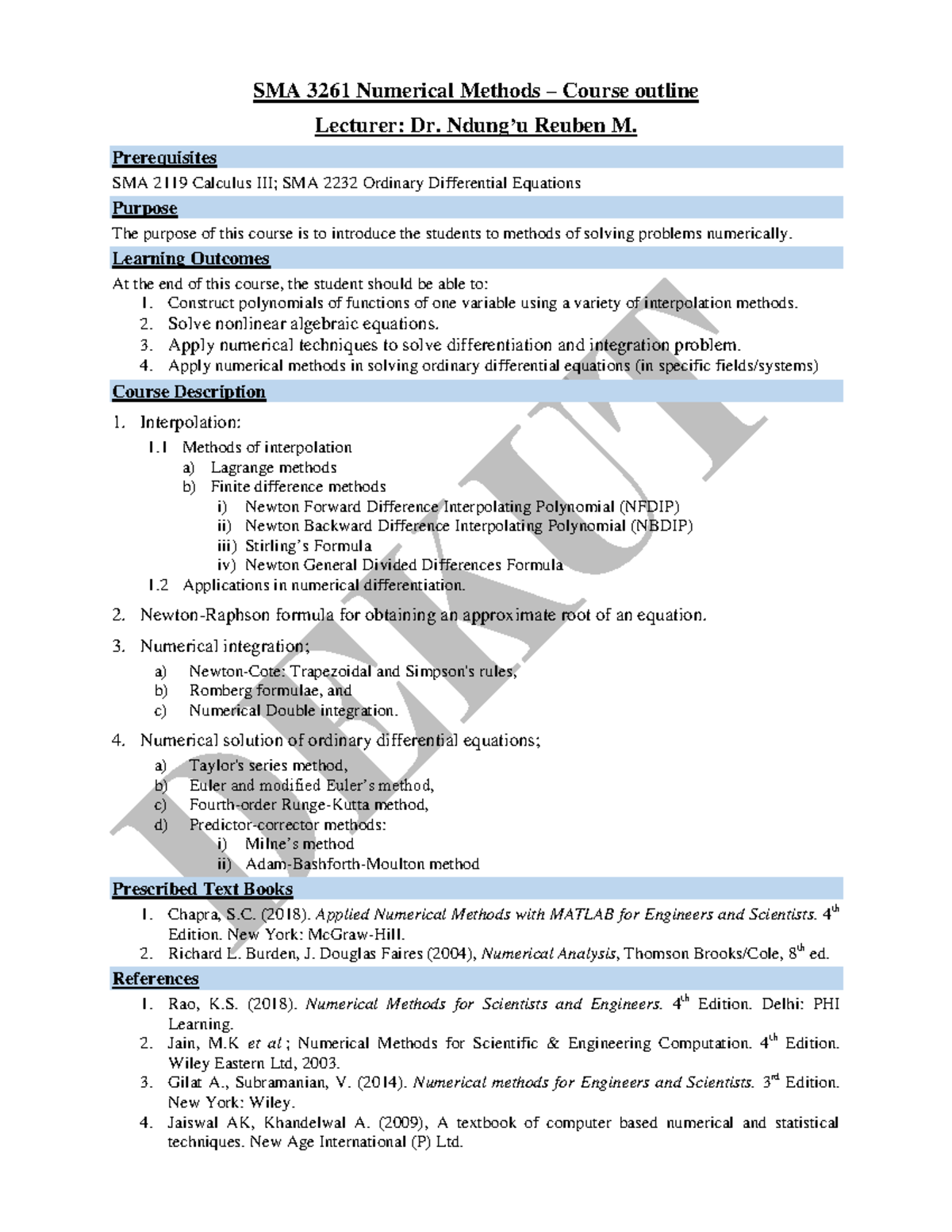 SMA 3261 Numerical Methods Course Outline and Learning Outcomes - Studocu