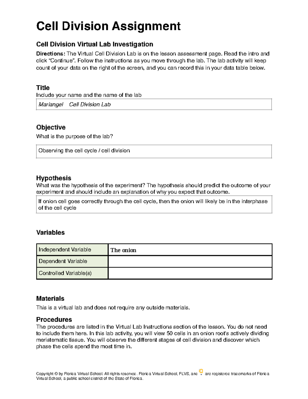 03.01 Cell Division Assignment: Virtual Lab Investigation - Studocu
