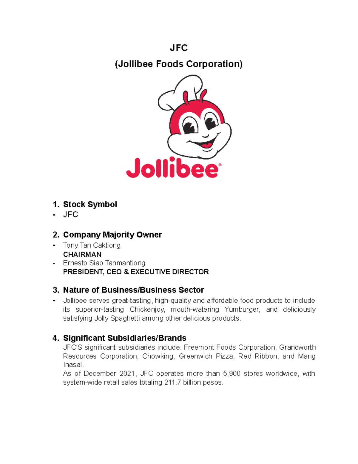 JFC - Financial Management - JFC (Jollibee Foods Corporation) 1. Stock ...
