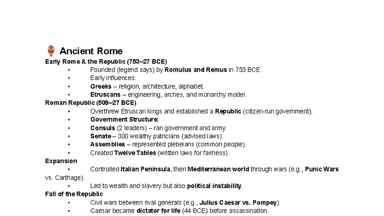 🏺 Ancient Rome - Midterm Study Guide (HIST 101) - Studocu