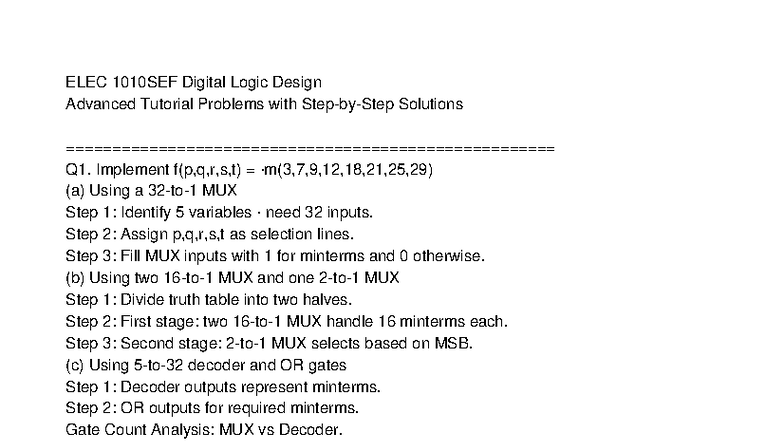 ELEC 1010SEF Advanced Tutorial Problems & Solutions on Digital Logic ...