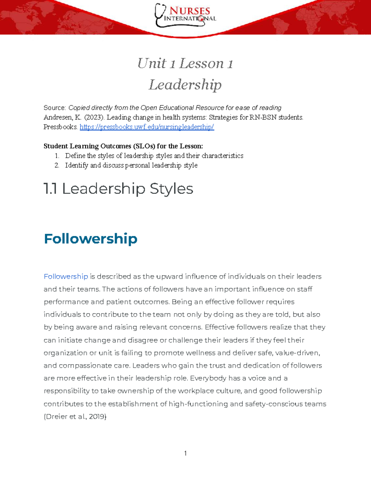 Unit 1 Lesson 1: Understanding Leadership Styles and Followership - Studocu